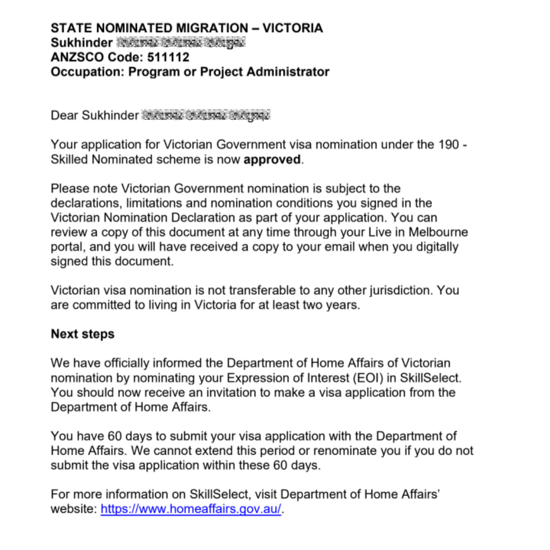 Australia Subclass 190 - Victoria State Nomination | Sukhinder | OCSC ...